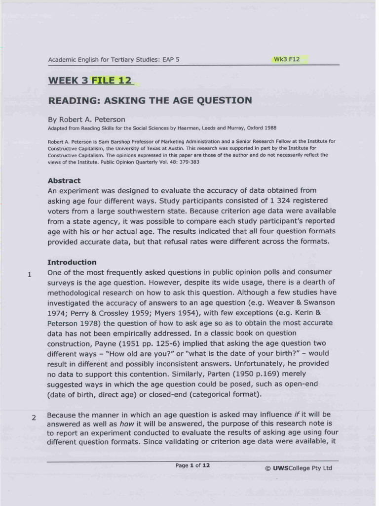 Reading - Asking The Age Question | PDF