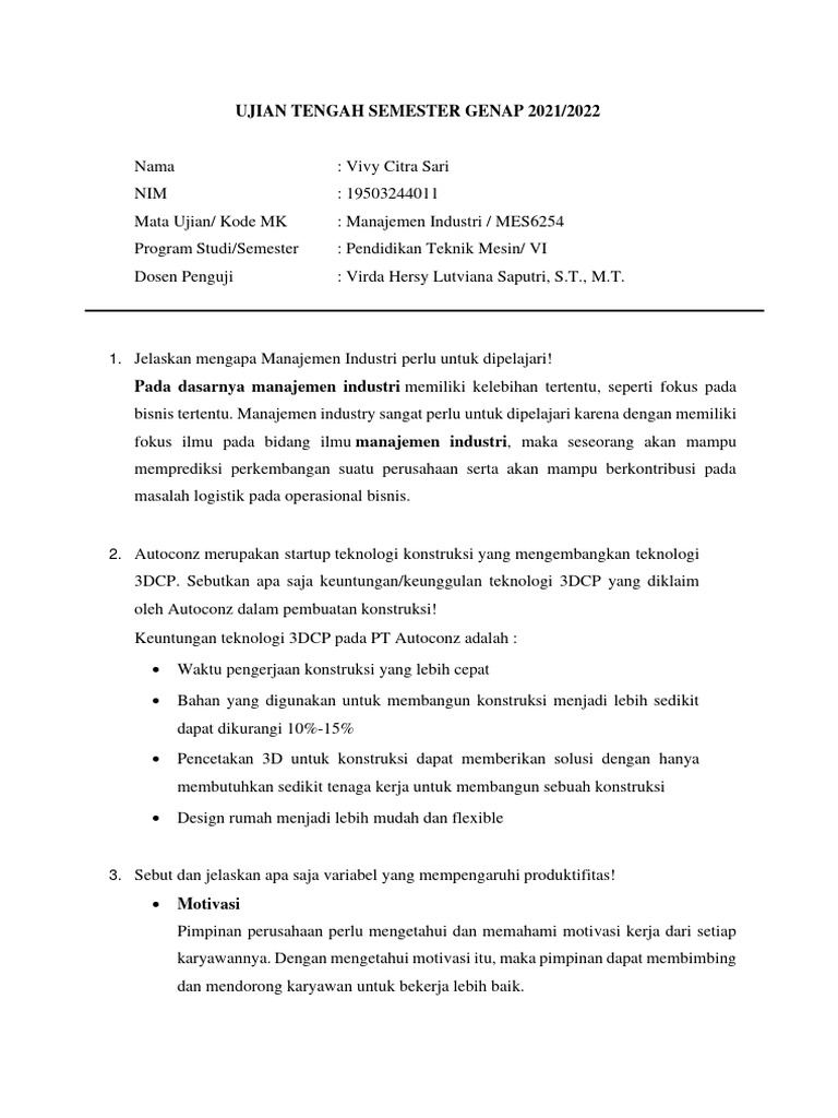 Vivy Citra Sari - 19503244011 UTS Manajemen Industri | PDF