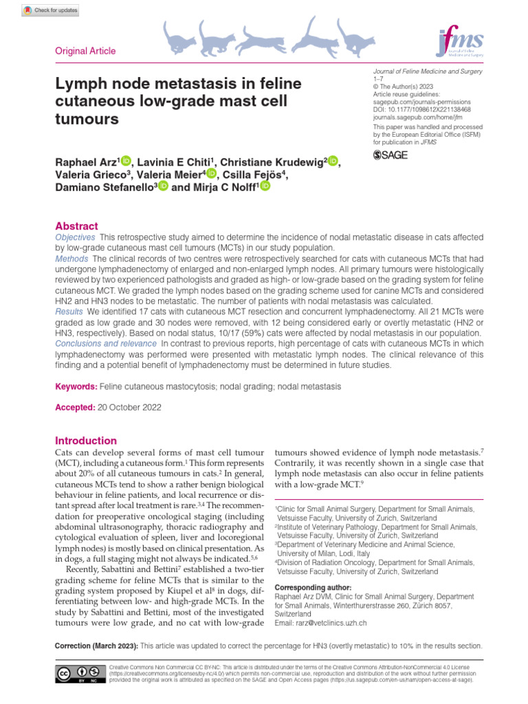 Arz Et Al 2023 Lymph Node Metastasis in Feline Cutaneous Low Grade Mast ...