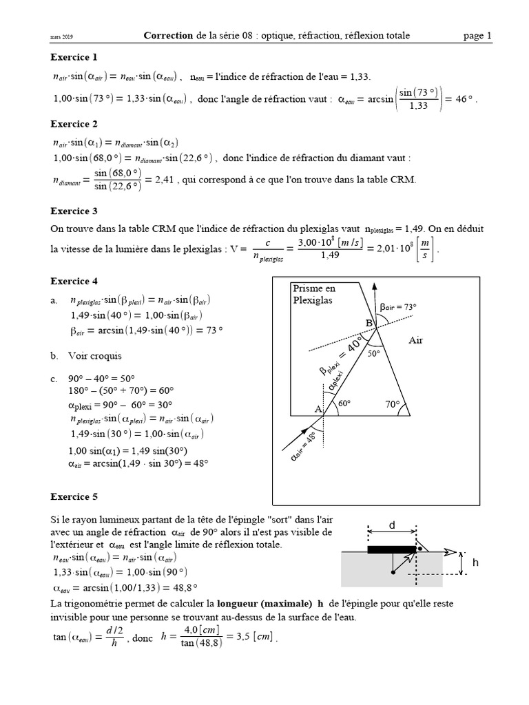 Correction exercices optique et réfraction | PDF | Réfraction ...
