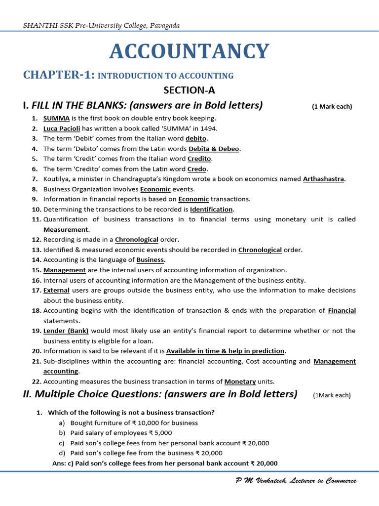 1 Pu Accountancy Theory Notes-2 | PDF | Debits And Credits | Business