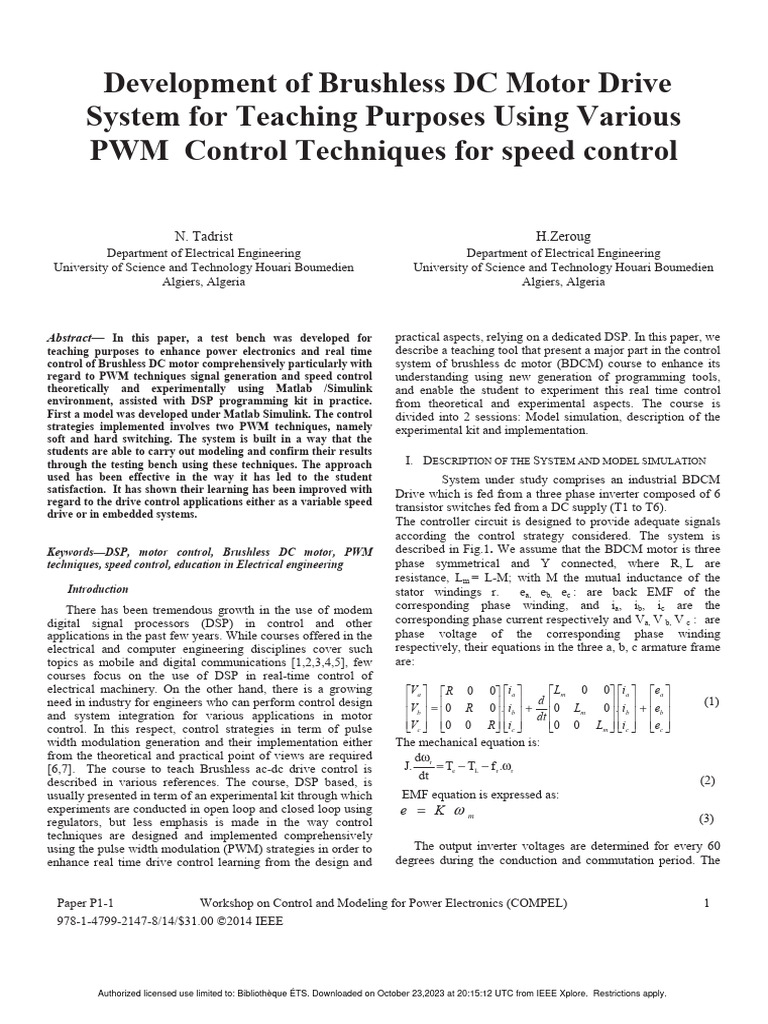 Development of Brushless DC Motor Drive System for Teaching Purposes Using Various PWM Control ...