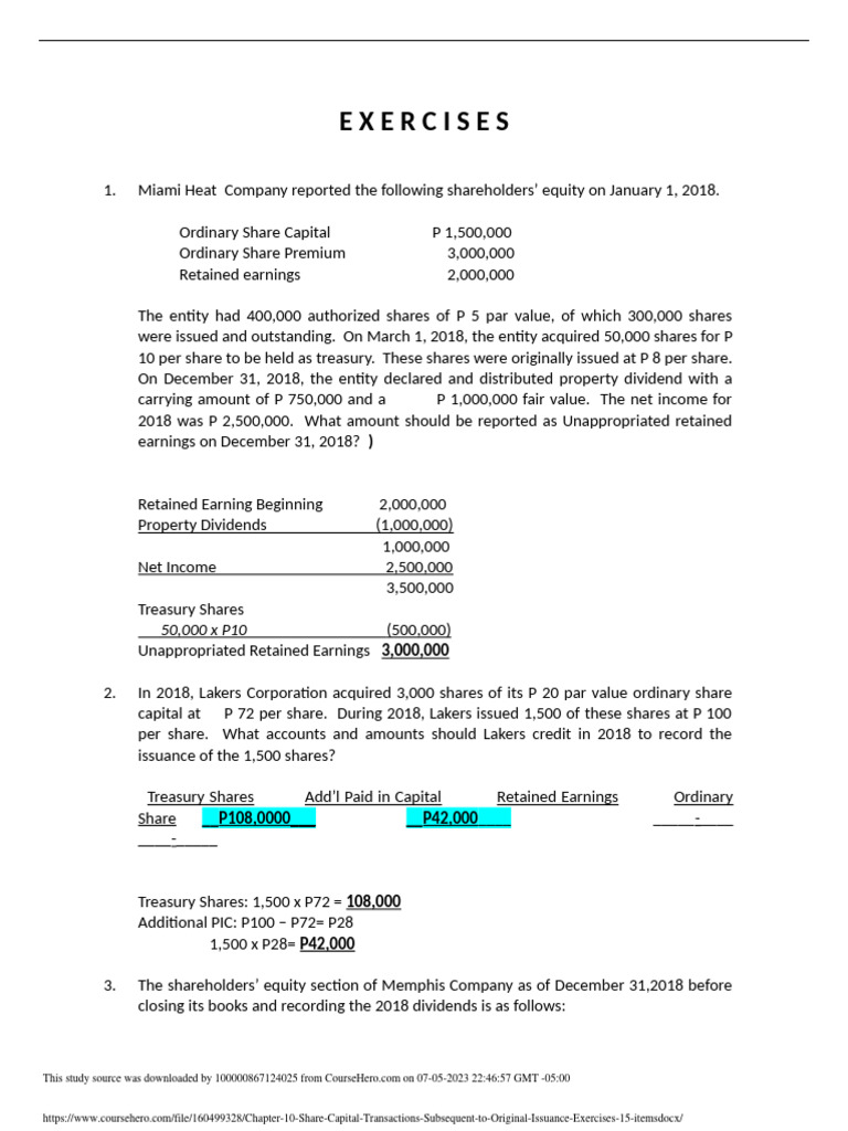 Chapter 10 Share Capital Transactions Subsequent To Original Issuance ...
