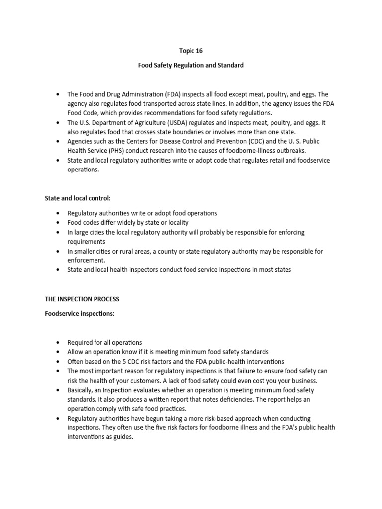 Topic 16. Food Safety Regulation and Standard | PDF | Food Safety | Food And Drug Administration