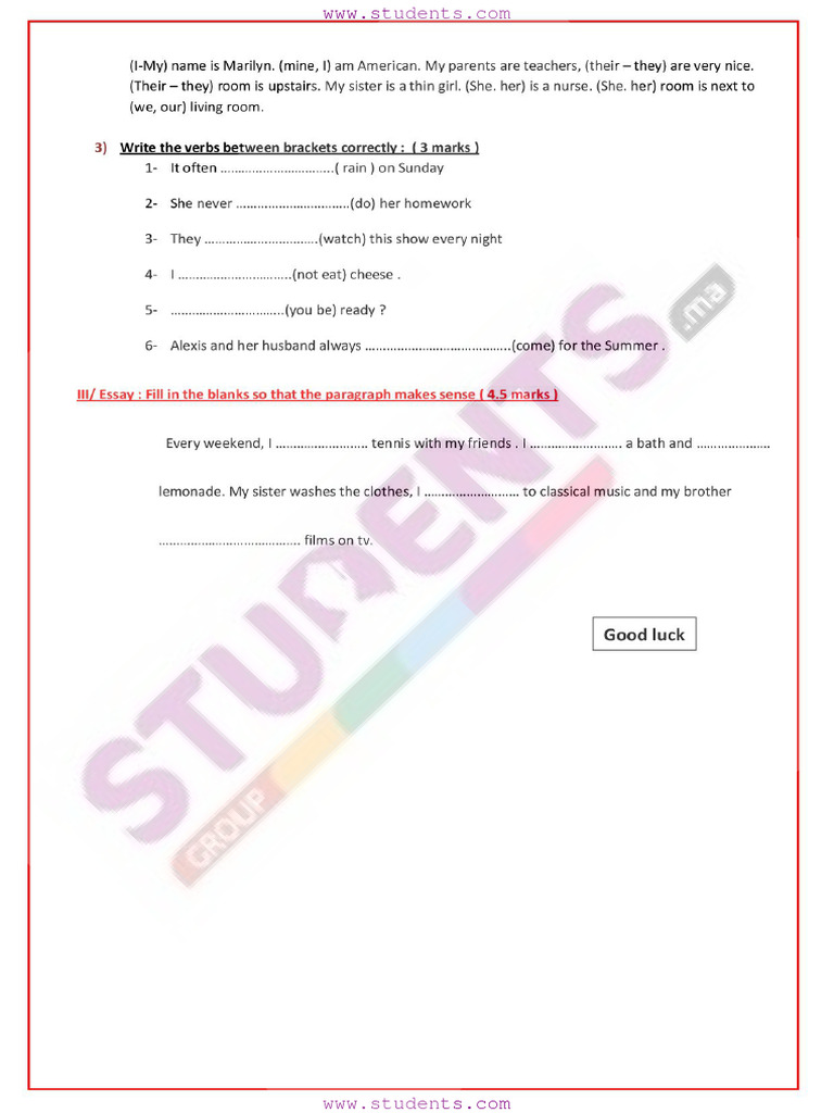 Devoir 2 Semestre 1 Anglais 2ème Année Collège | PDF | Wellness