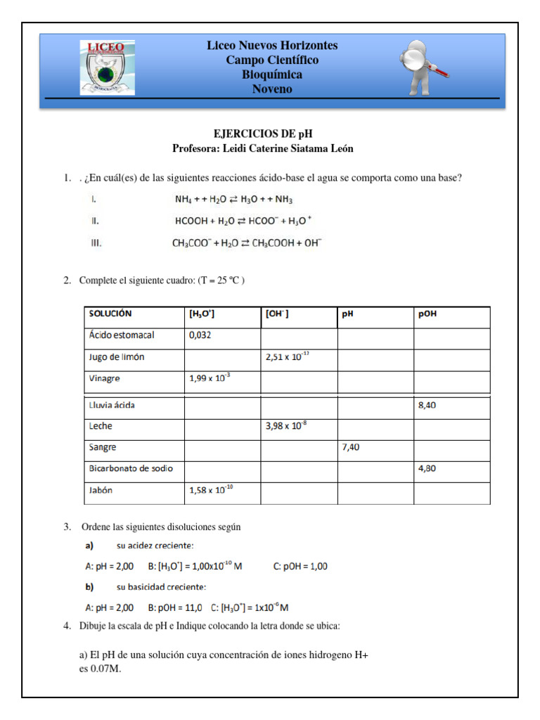 EJERCICIOS PH NOVENO | PDF | Ciencia y matemáticas