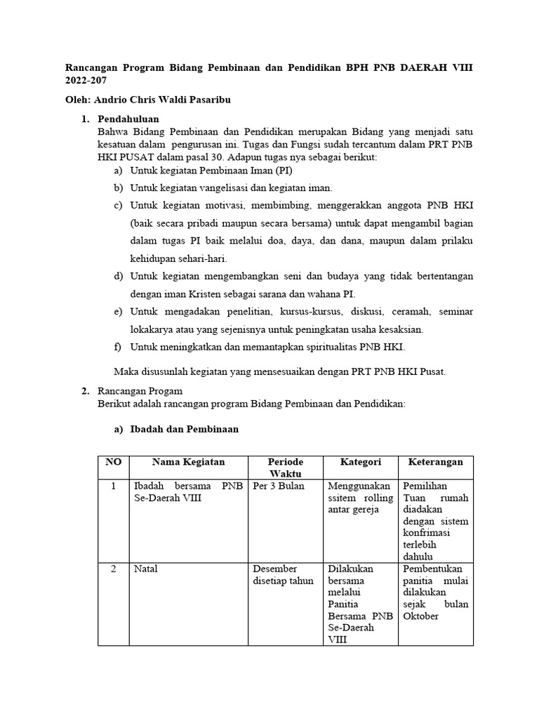 Rancangan Program Bidang Pembinaan Dan Pendidikan BPH PNB DAERAH VIII 2022 | PDF