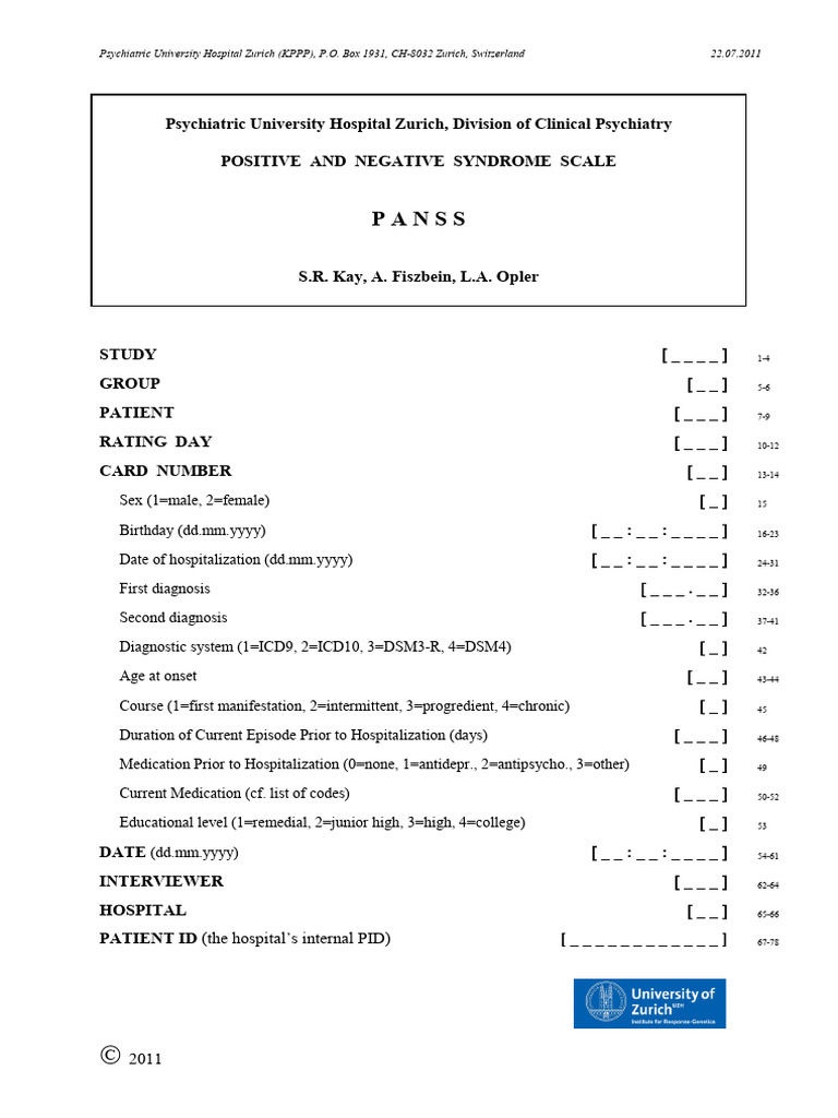Panss Test | PDF | Anxiety | Psychiatry