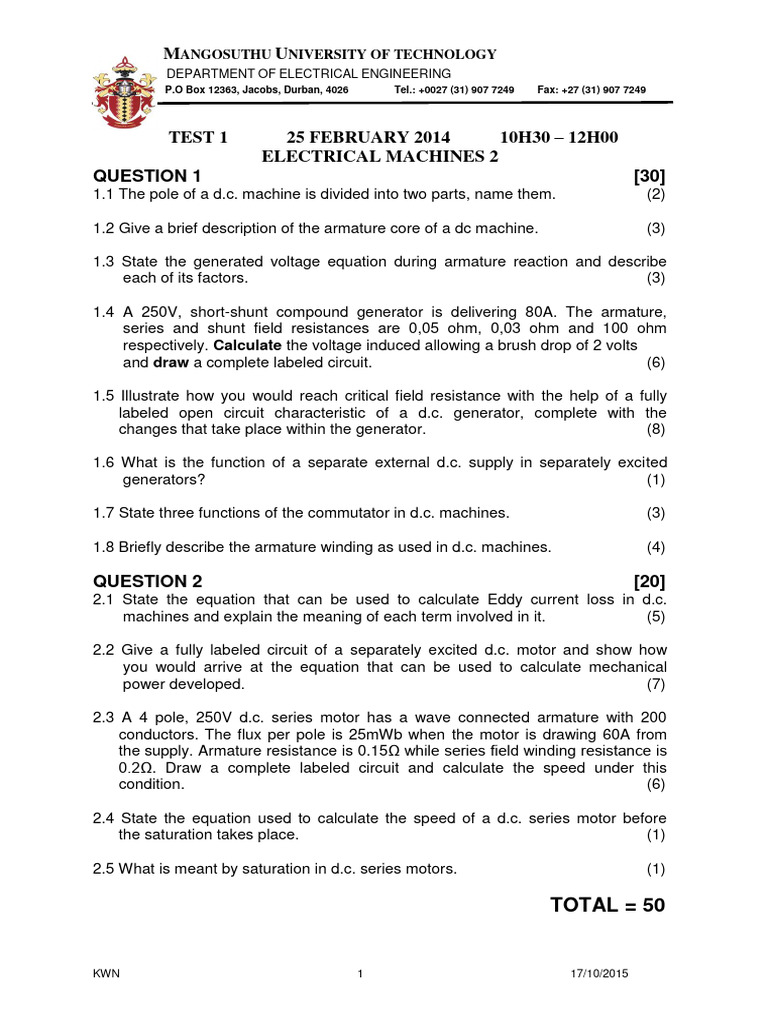 Test 1 2014 EM2 & EM3 FEBRUARY | PDF | Transformer | Electric Motor