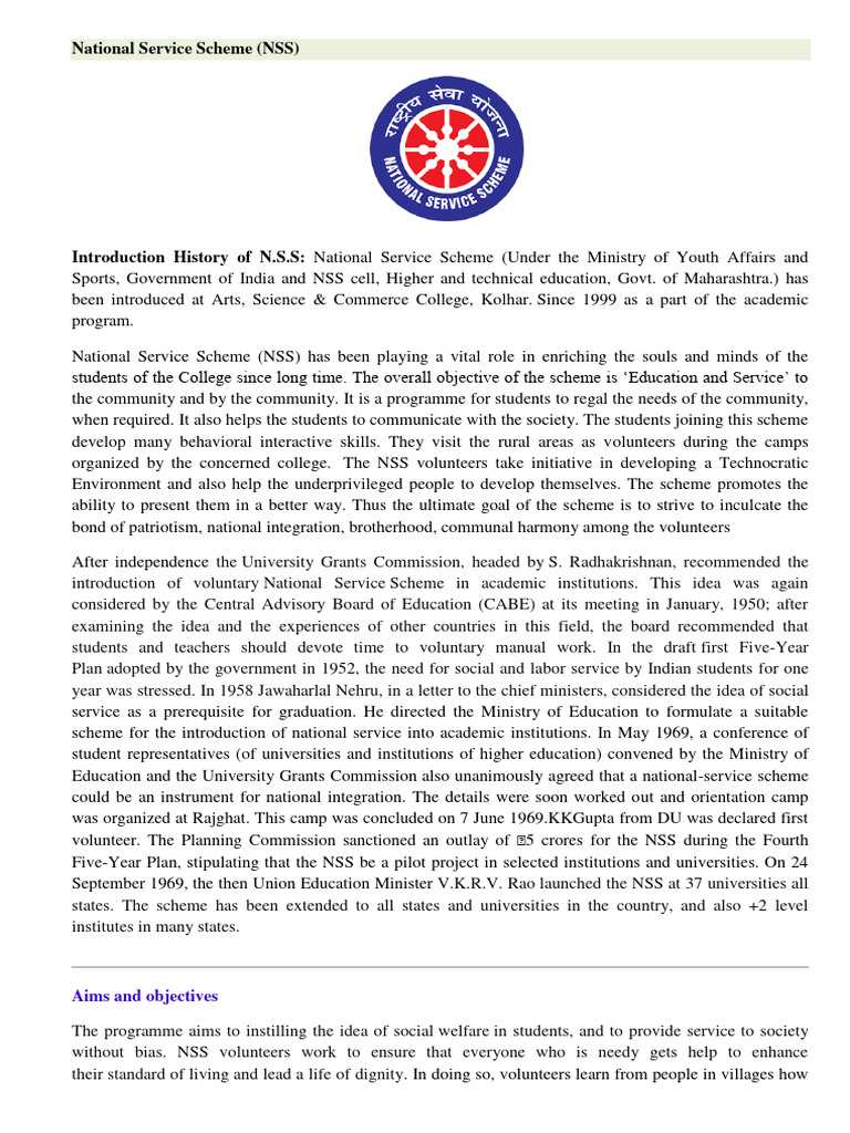 National Service Scheme (NSS) : Aims and Objectives | PDF