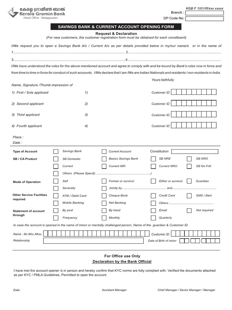 KGB SB - CA - Opening - Form | PDF | Banks | Debit Card