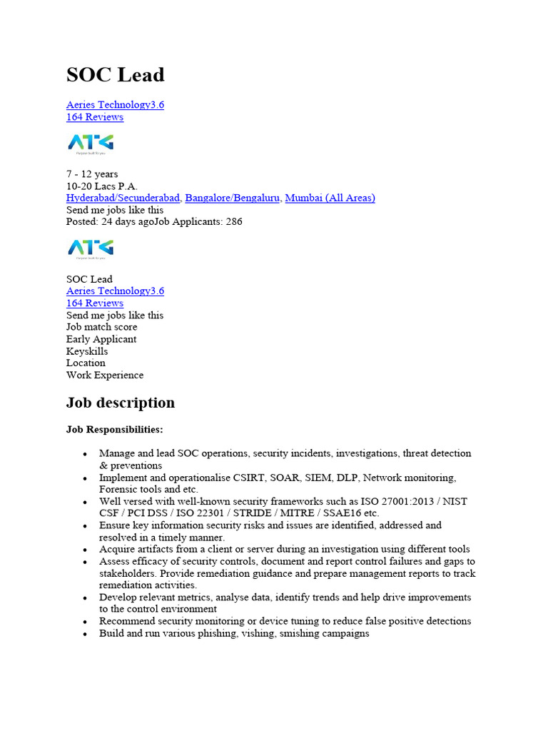 SOC Lead | PDF | Security | Computer Security
