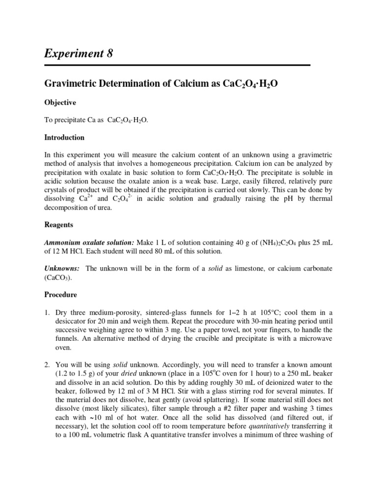 Gravimetric Calcium Analysis as CaC2O4·H2O | PDF | Chemistry | Physical ...