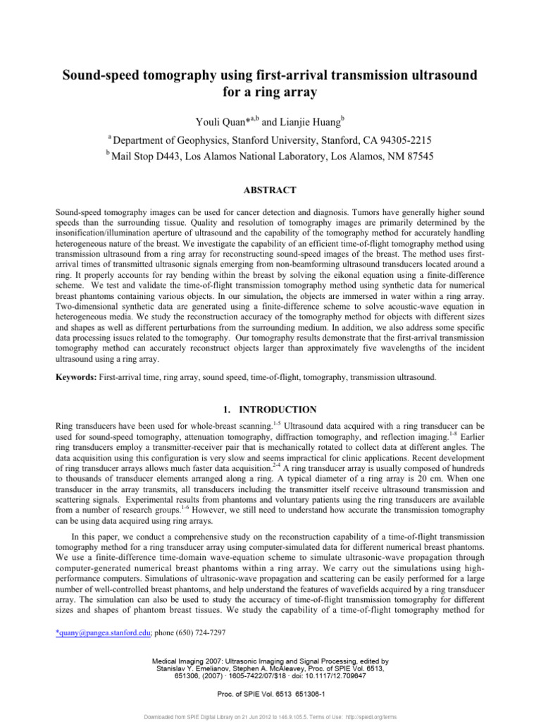 Sound-Speed Tomography Using First-Arrival Transmission Ultrasound For A Ring Array | PDF ...