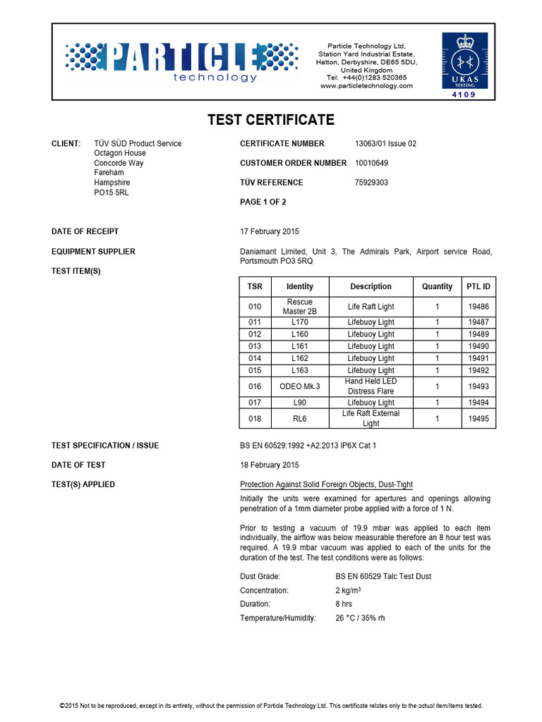 PTL Certificate13063 01 Iss2 IP6X Dust1 | PDF