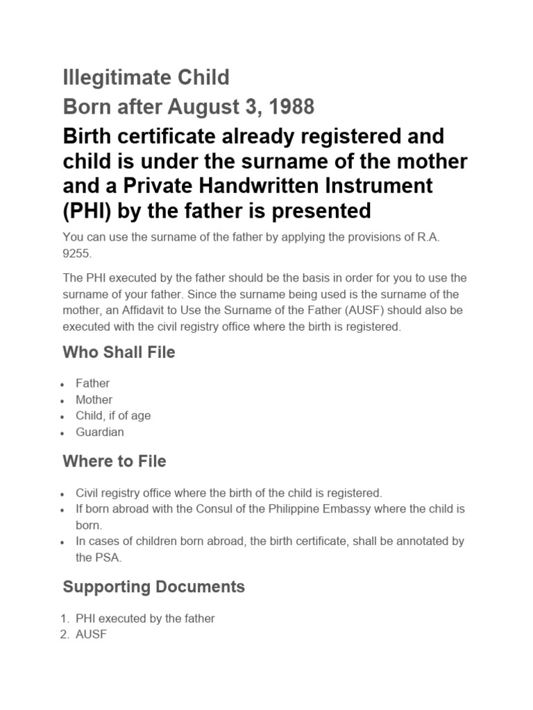 Illegitimate Child Born After Aug. 3, 1988 Private Handwritten ...