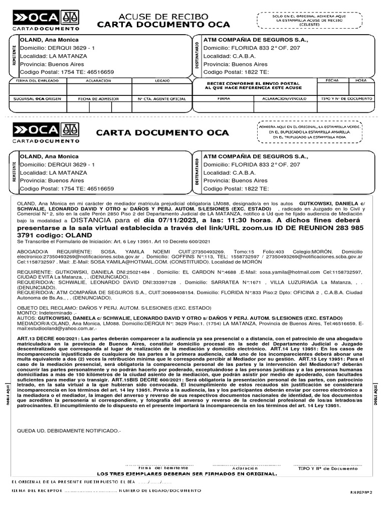 CartaDocumento Oca 1514186 | PDF | Mediación | Resolución de conflictos