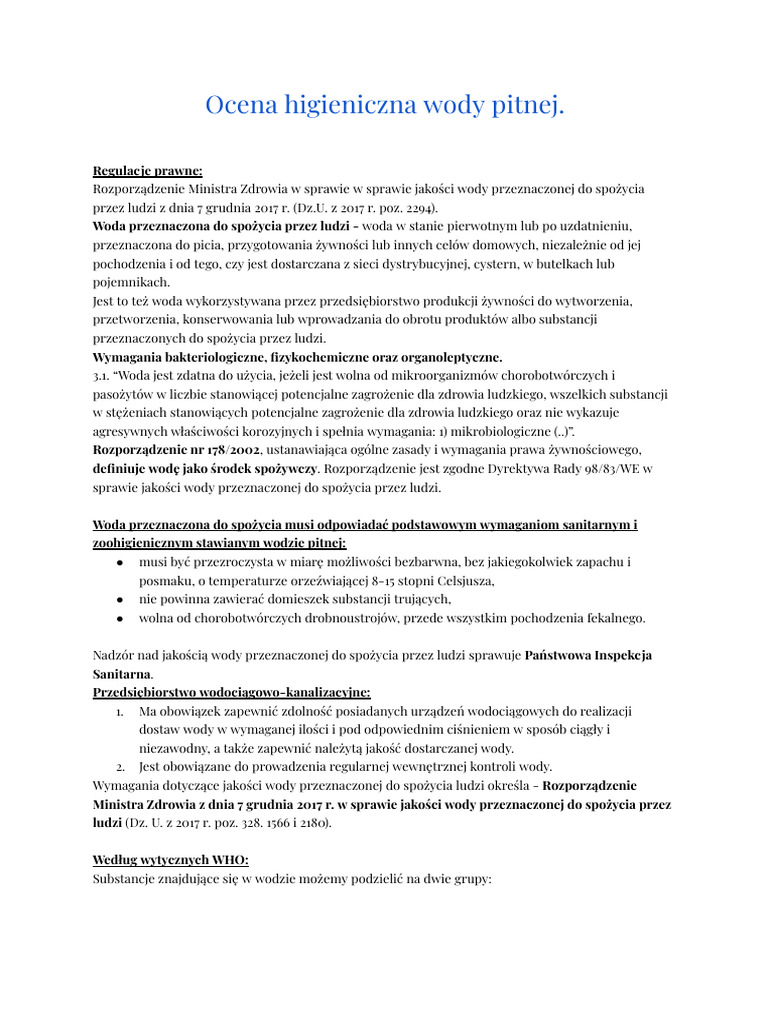 Ocena Higieniczna Wody Pitnej | PDF