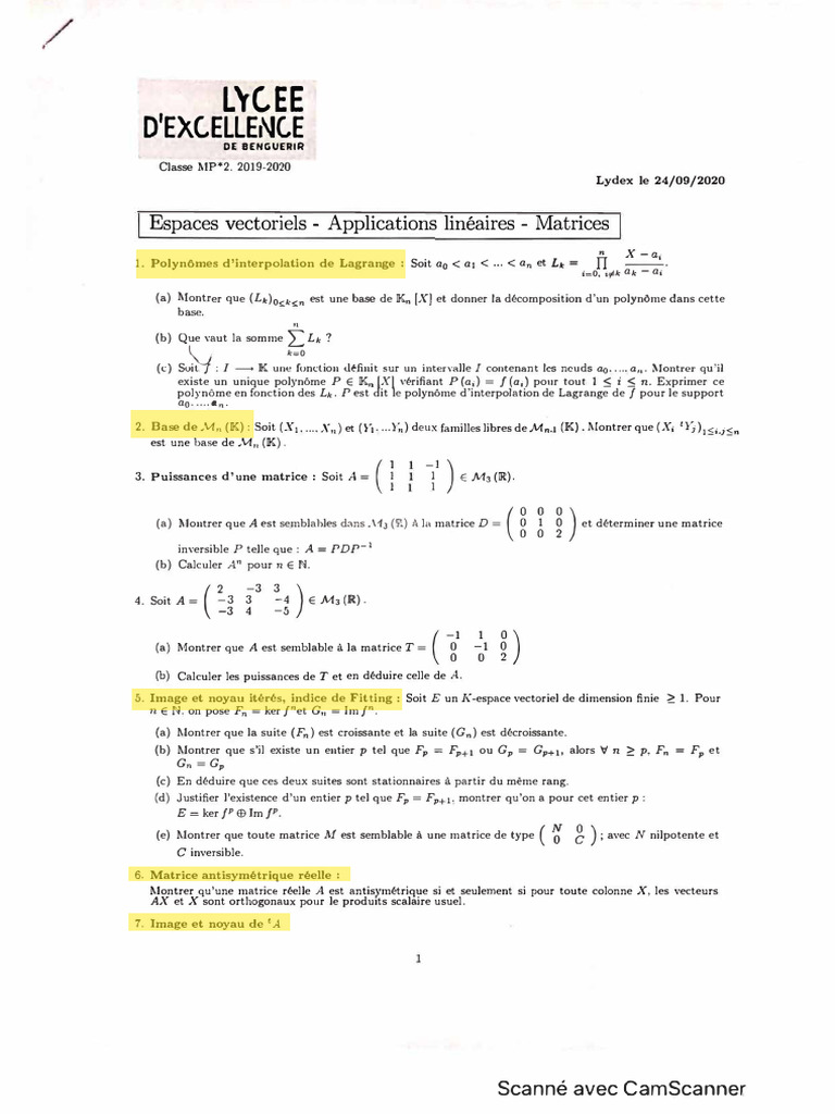 Espaces vectoriels et matrices en MPSI | PDF | Matrice (Mathématiques ...