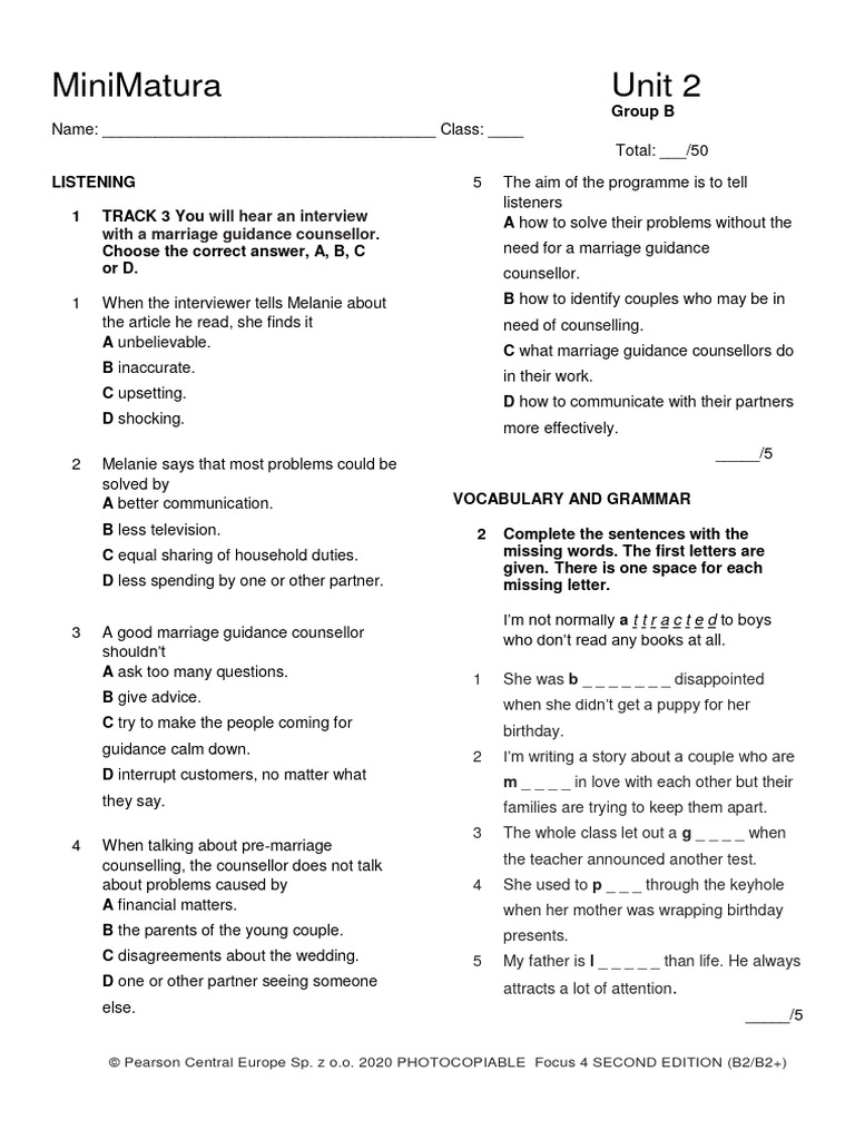Focus4 2E MiniMatura Unit2 GroupB 2kol | PDF