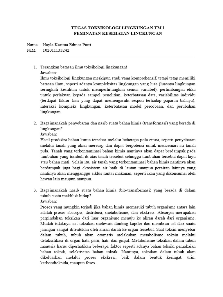 Nayla Karima Ednisa Putri - 102011133242 - Tugas TM 1 Toksikologi Lingkungan | PDF