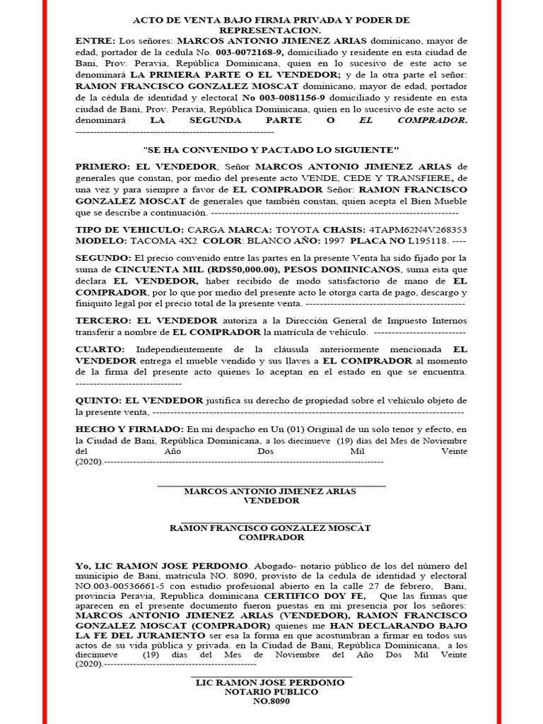 Lic. Ramon Jose Perdomo Acto de Venta | PDF | República Dominicana