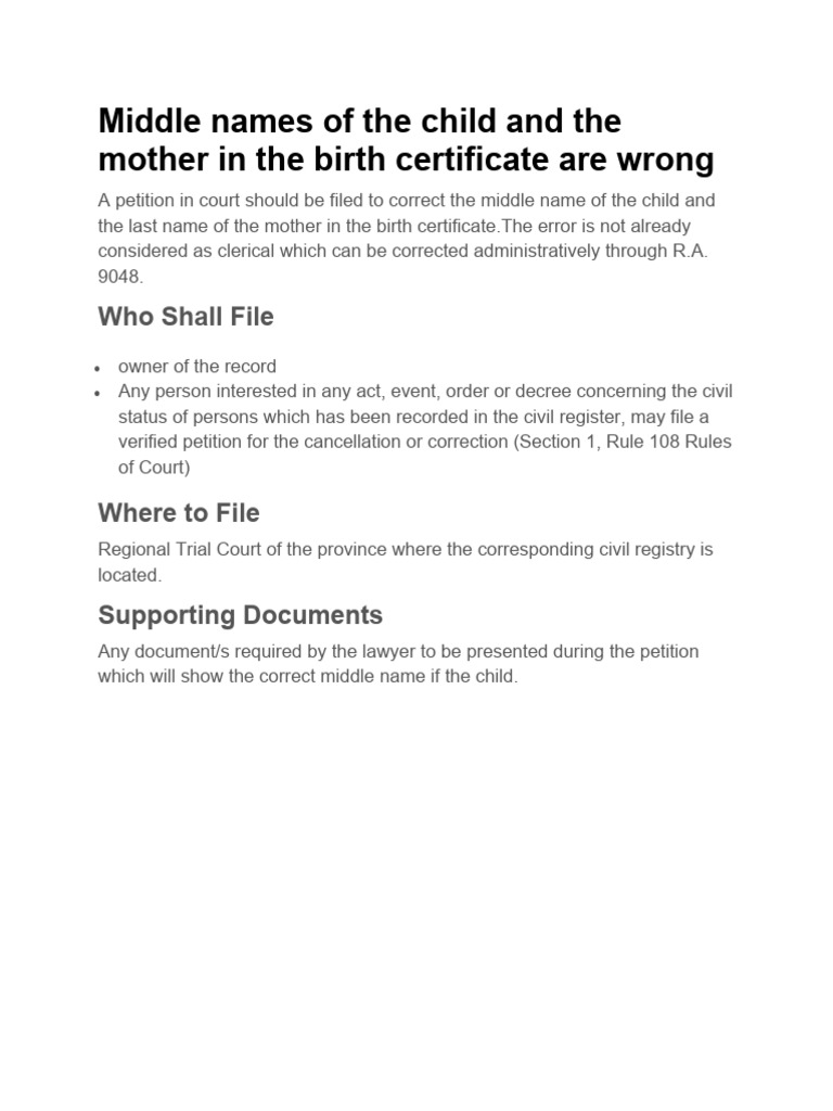 Middle Names of The Child and The Mother in The Birth Certificate Are ...