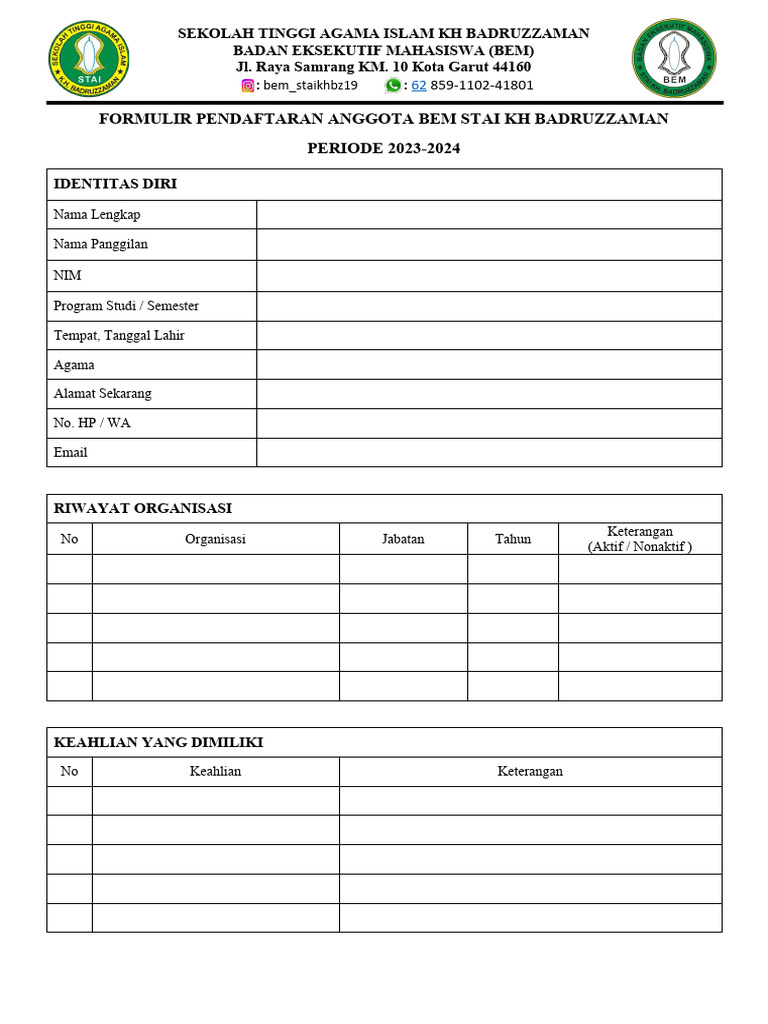 Formulir Pendaftaran Pengurus Bem Pdf