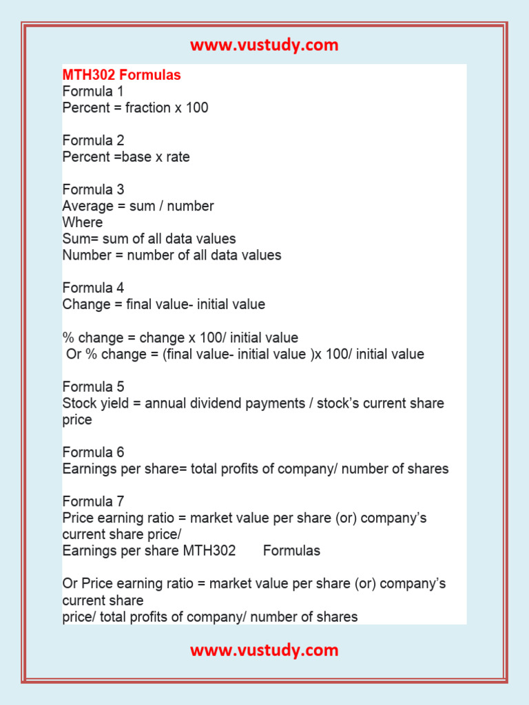 MTH302 Formulas Helping Materials | PDF | Discounting | Business