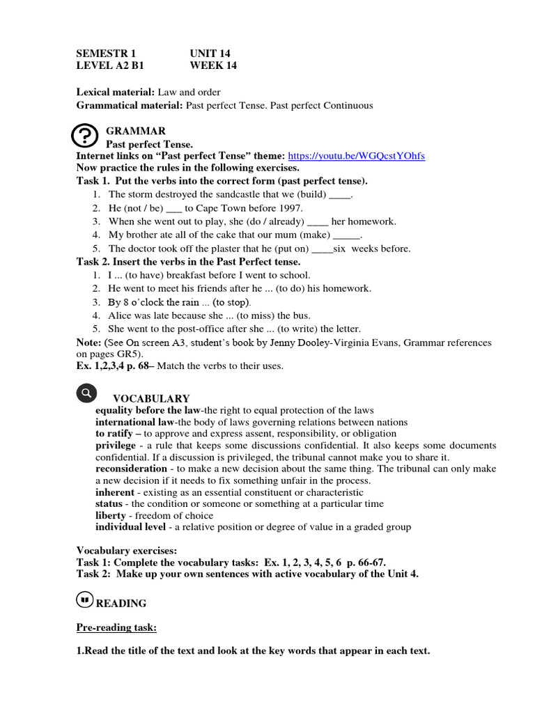 SEMESTER 1. Week 14. Unit 14 | PDF | Grammatical Tense | Theft