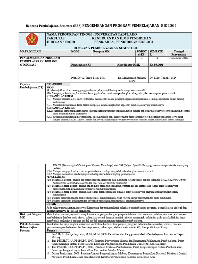 RPS Program Pengajaran Biologi | PDF