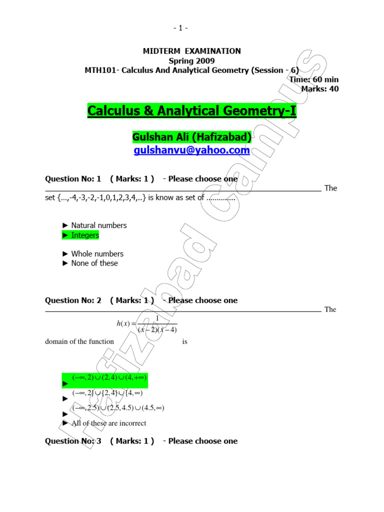 MTH101 Midterm Solved MCQs Shared by Gulshin Ali | PDF