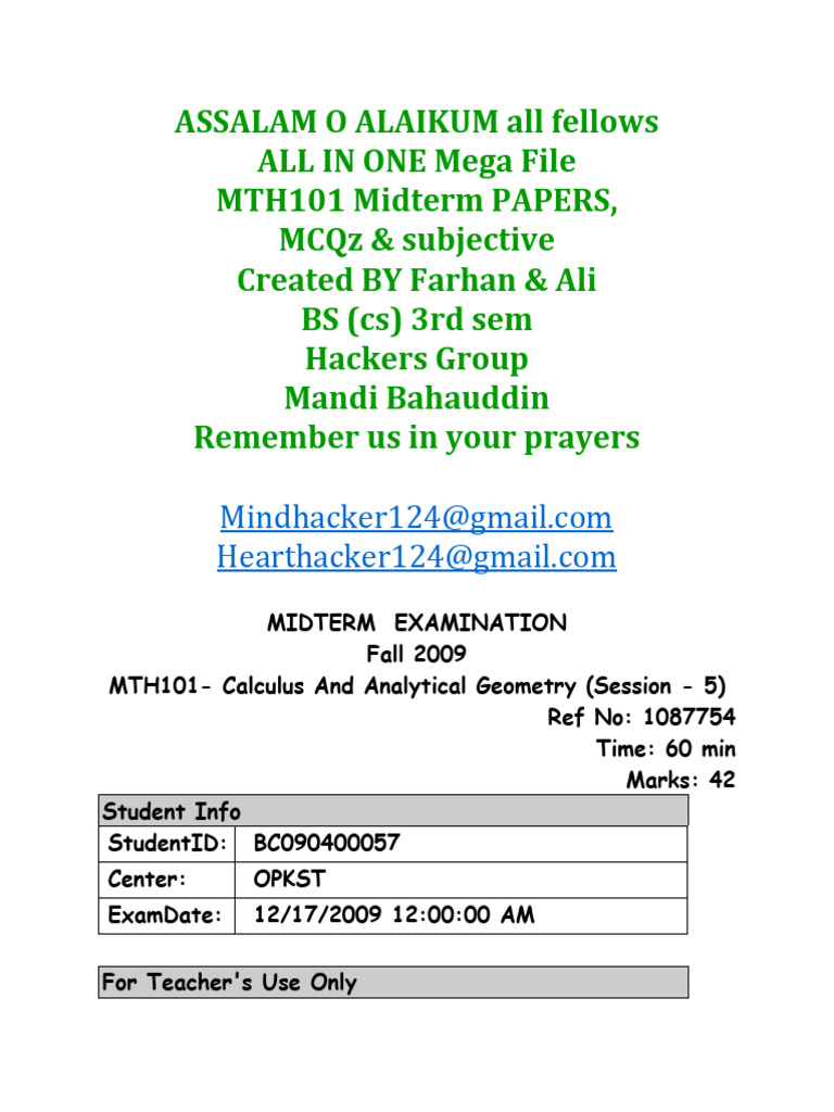 MTH101 Midterm Solved MCQs Shared by Hacker Group | PDF