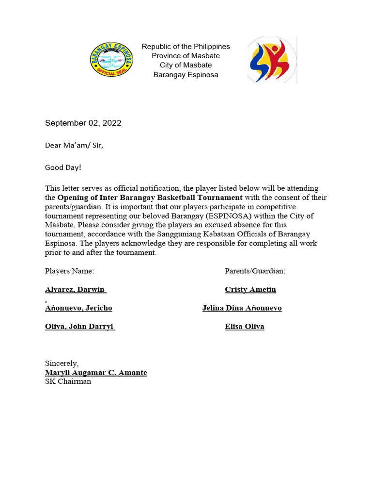 Excuse Letter For Players | PDF