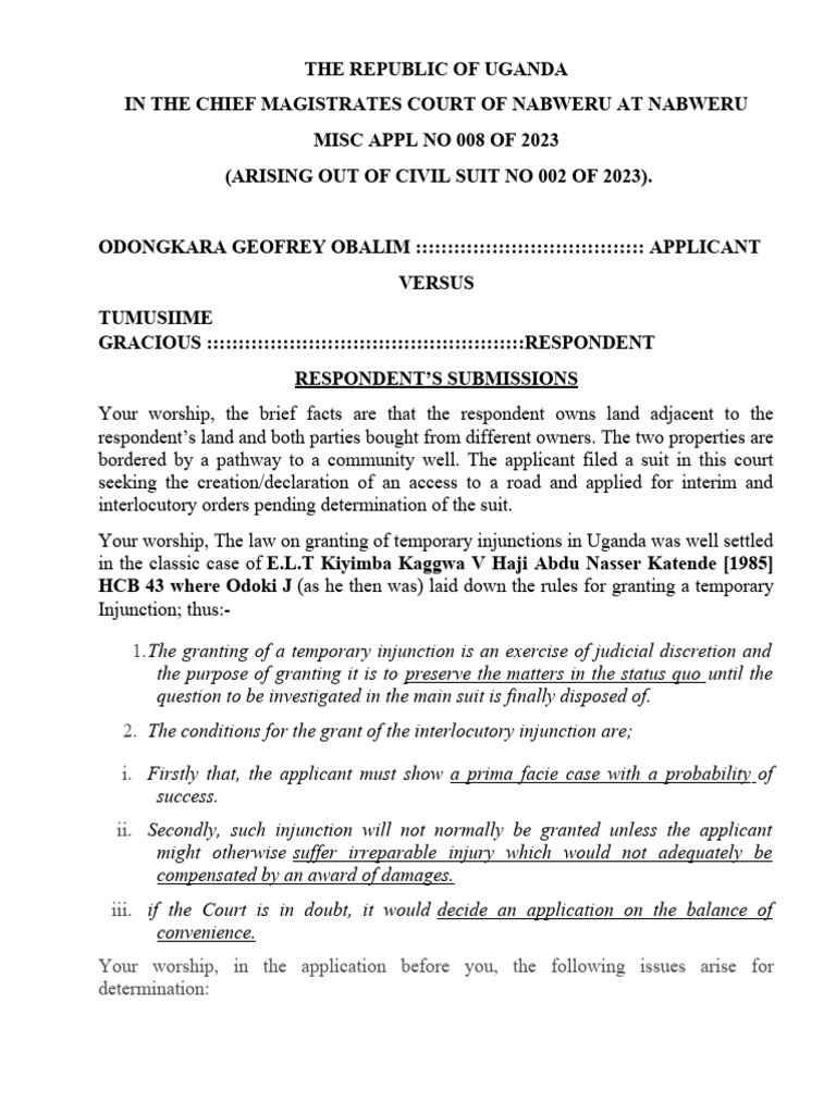 Submissions Respondent Temporary Injunction | PDF