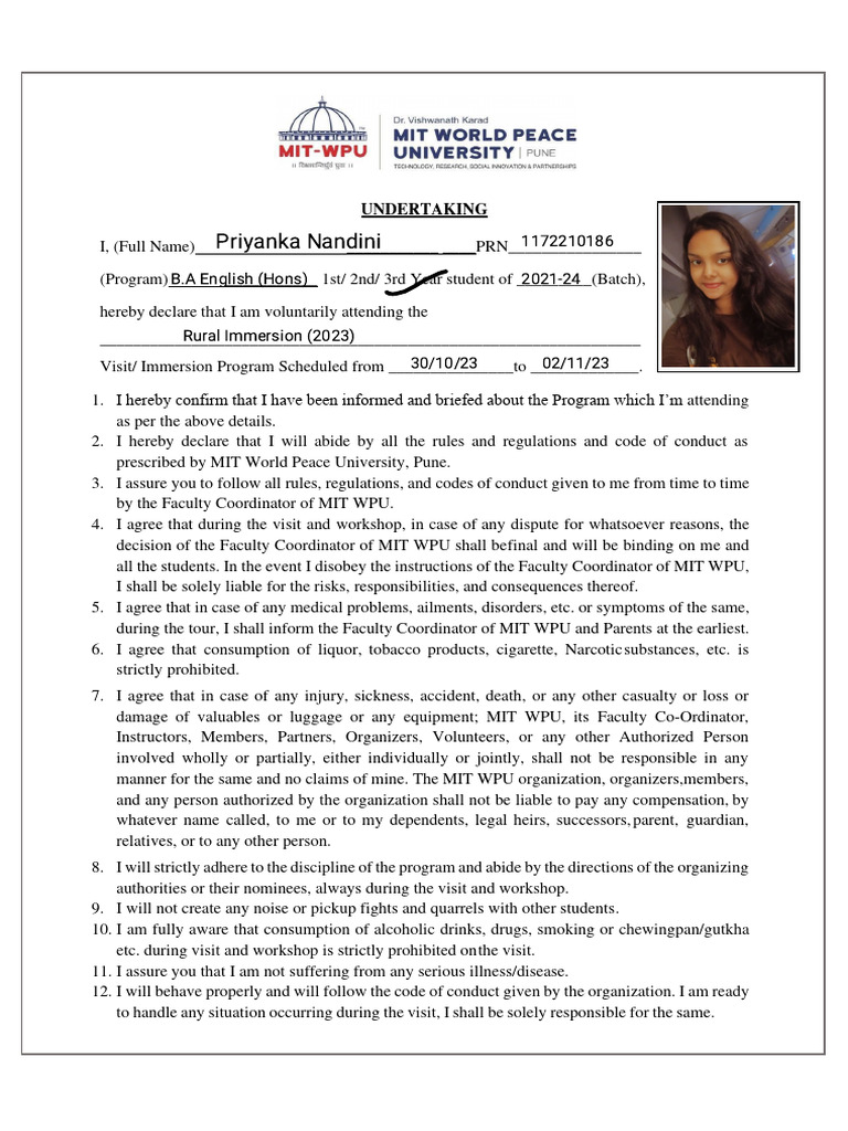 Student Undertaking for MIT WPU Program | PDF