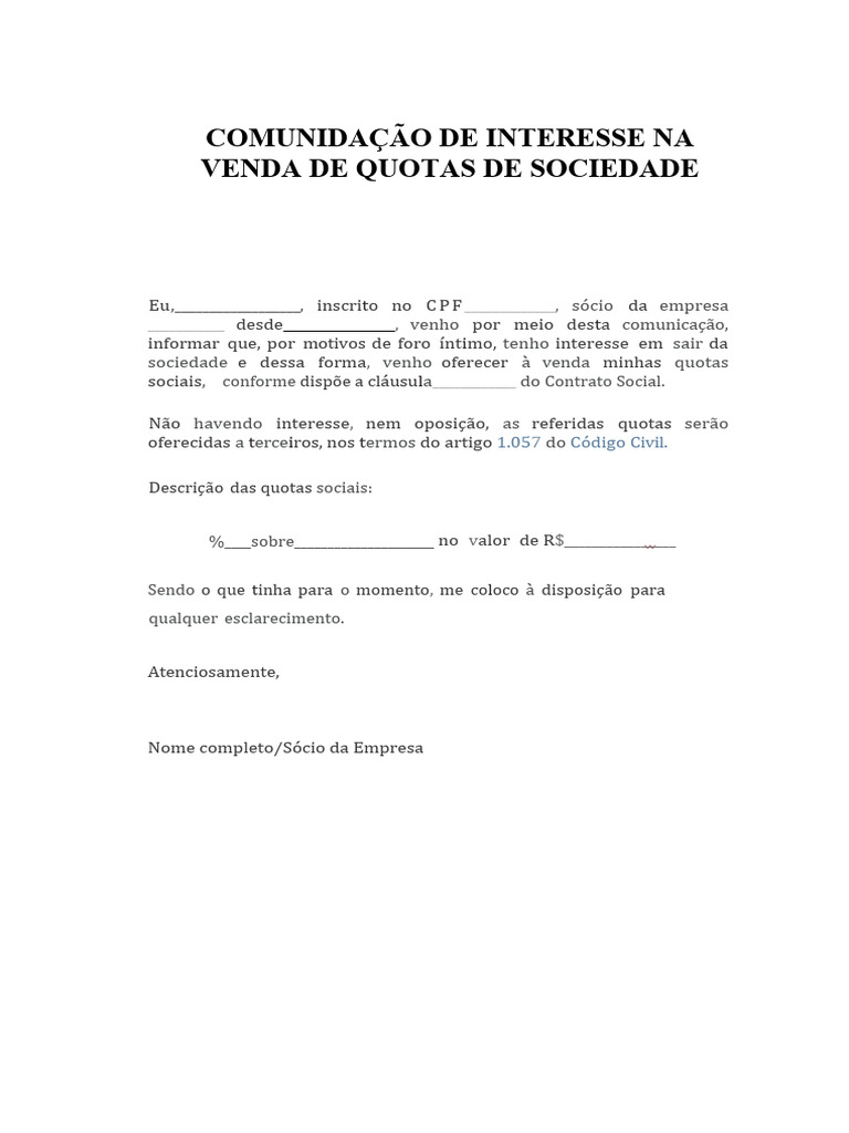 Modelo Comunicado Venda Quotas Sociedade | PDF