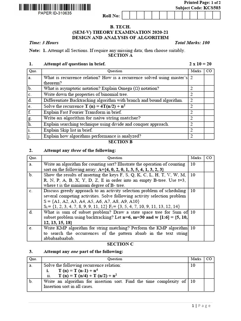 Combined Previous Year DAA AKTU Questions Papers | PDF