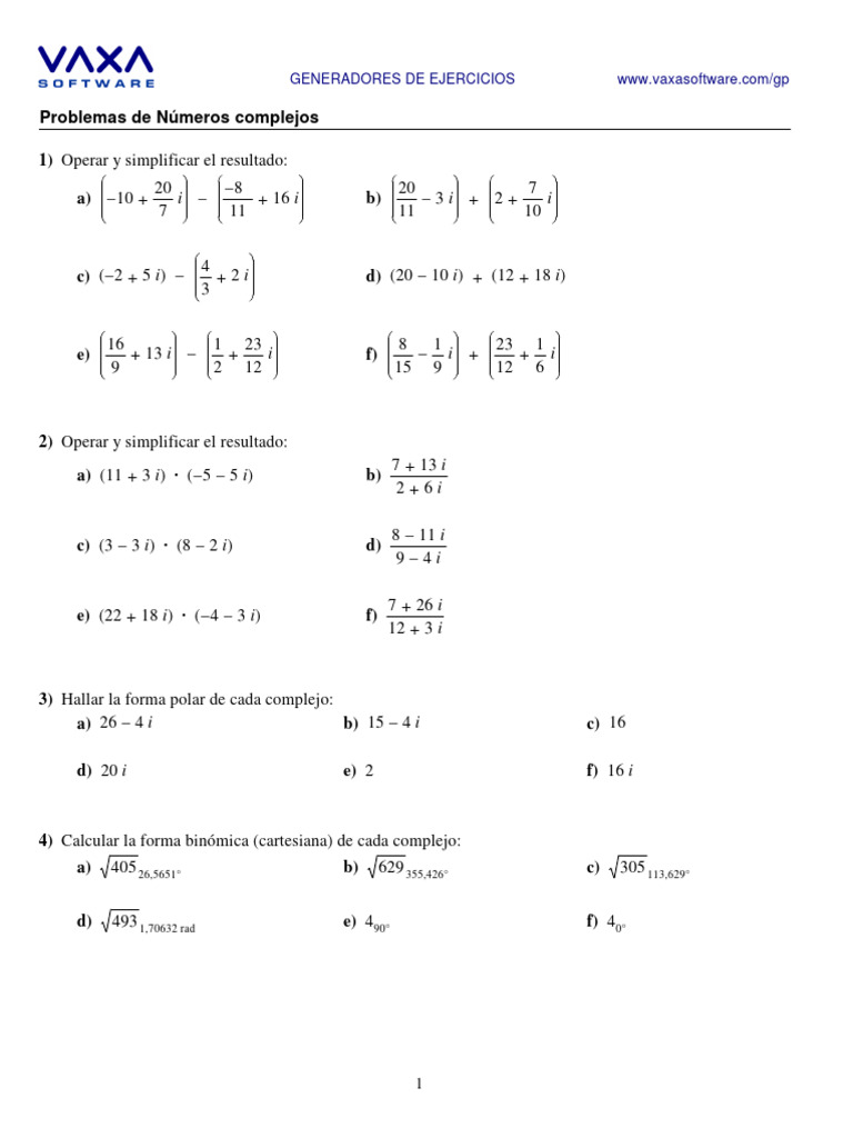 Ejercicios Numeros Complejos | PDF | Número complejo | Notación Matemática
