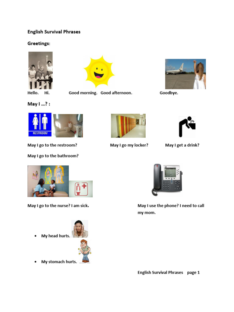 English Survival Phrases With Pictures | PDF | Language Arts ...