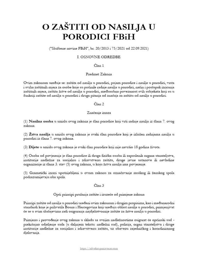 Zakon o Zastiti Od Nasilja U Porodici FBiH | PDF