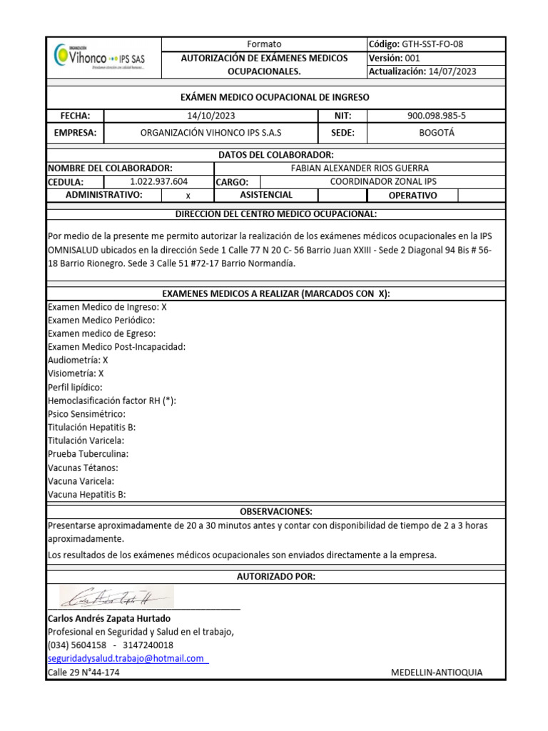 Autorización Fabian Alexander Rios Guerra | PDF