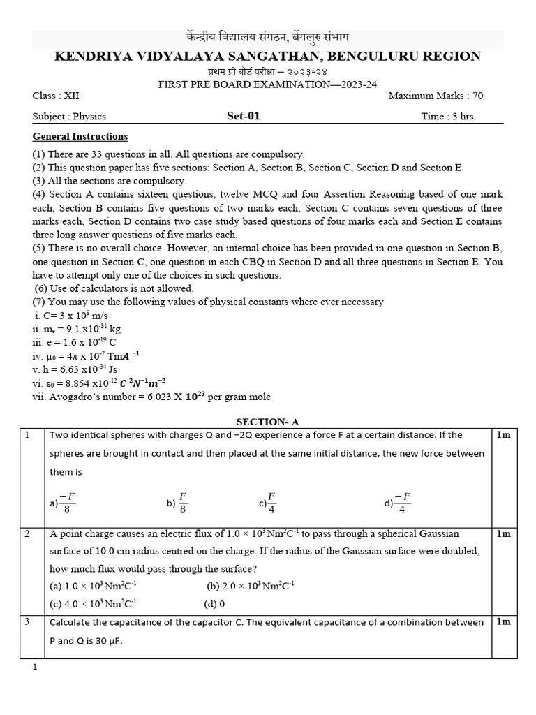 G-12 Physics-Set-01 (1st Preboard) | PDF | Capacitor | Electrical Network