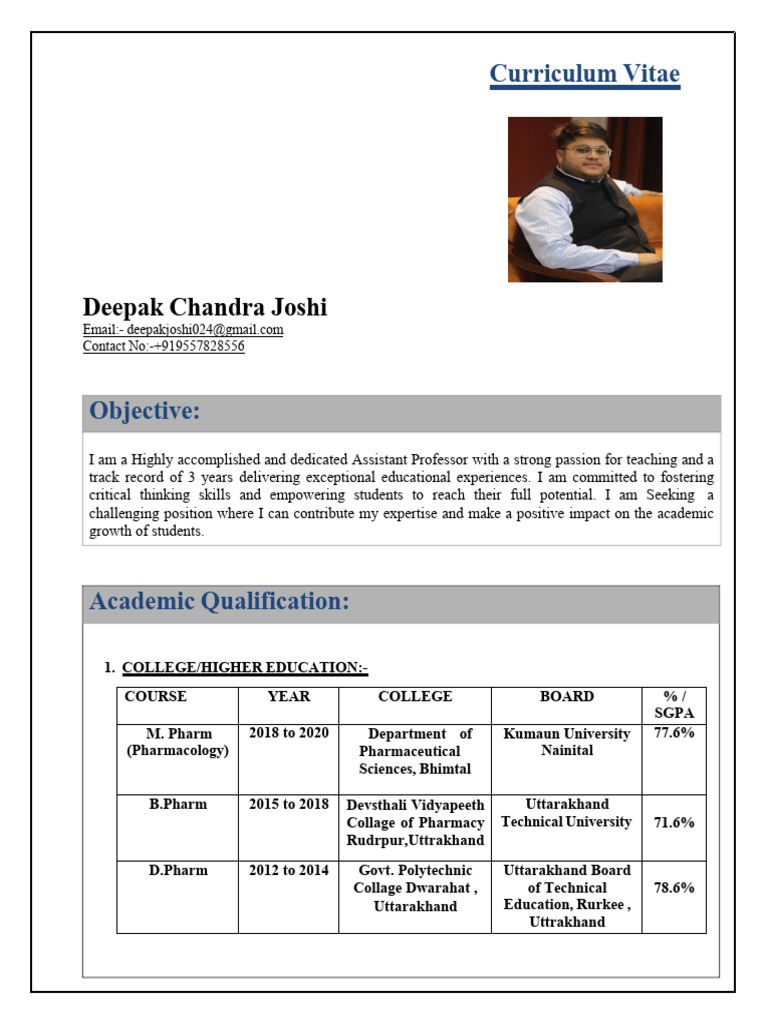 Deepak Joshi Resume Updated 15 Sept 2023 | PDF | Pharmacy | Anti Inflammatory