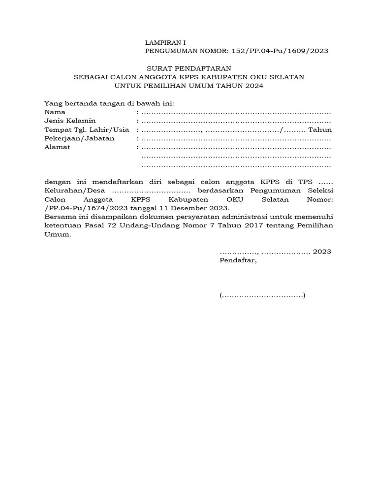Formulir Pendaftaran KPPS 2024 | PDF