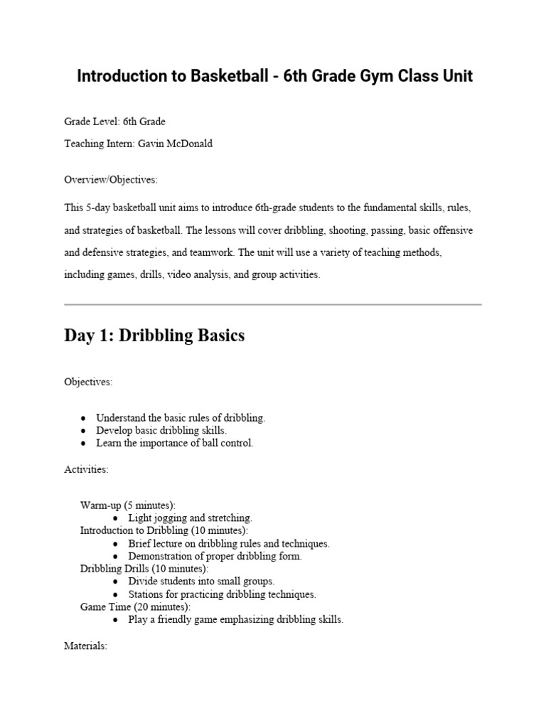 6th Grade Basketball Unit Plan | PDF | Team Building | Cognition