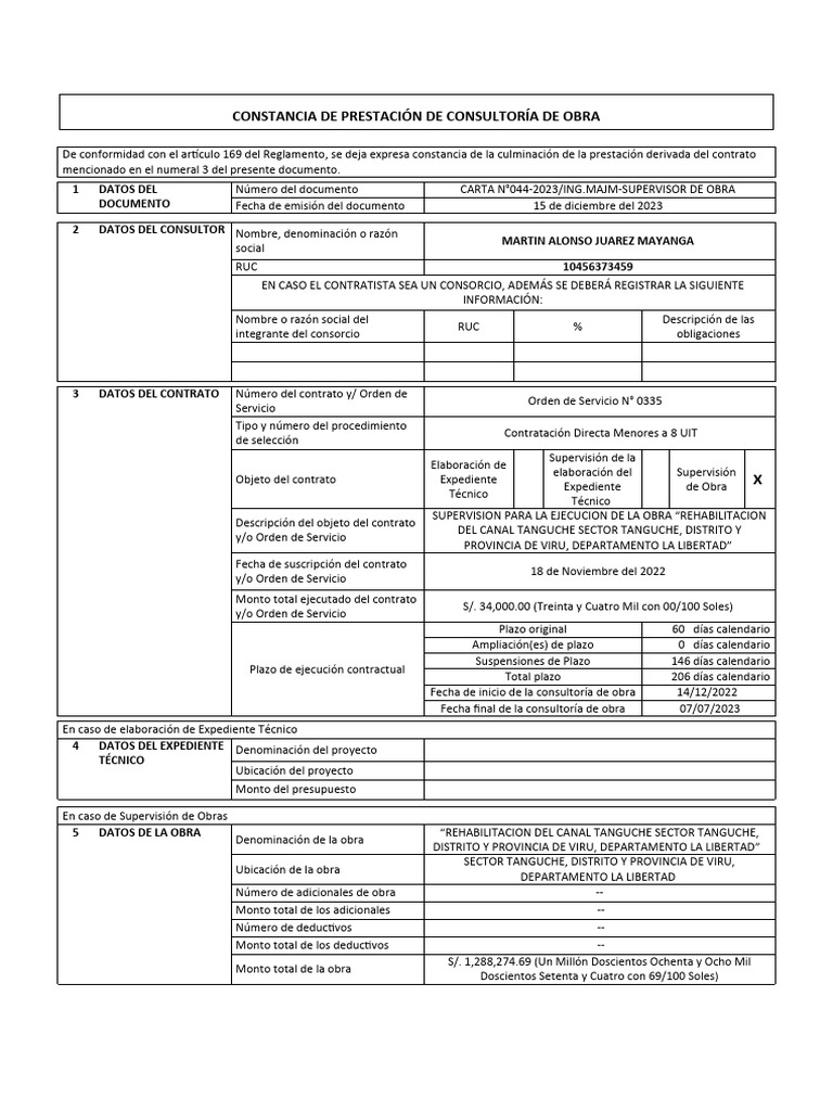 Constancia de Prestación de Consultoría de Obra | PDF Constancia de Prestación de Consultoría de Obra | PDF