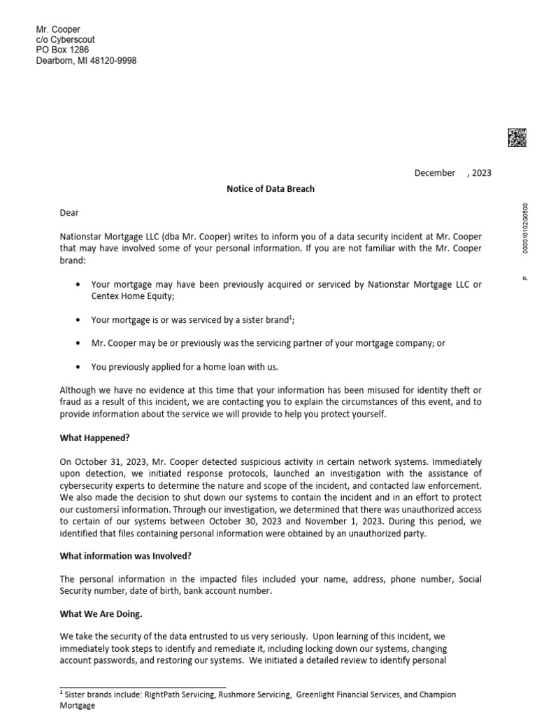 Mr. Cooper Individual Notice - Proof - Redacted | PDF | Credit History | Identity Theft