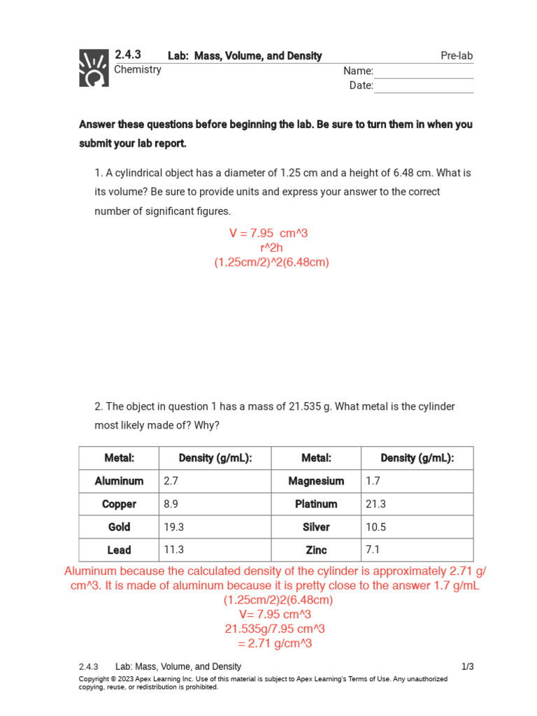 2.4.3 Lab - Mass, Volume, and Density (Pre-Lab) | Download Free PDF ...