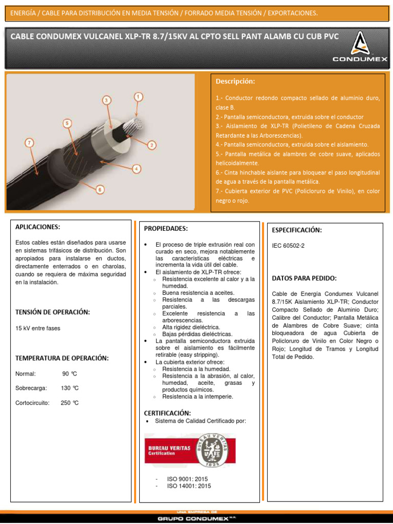 Ficha Tecnica XLP Condumex | PDF | Aislador (Electricidad) | Conductor ...